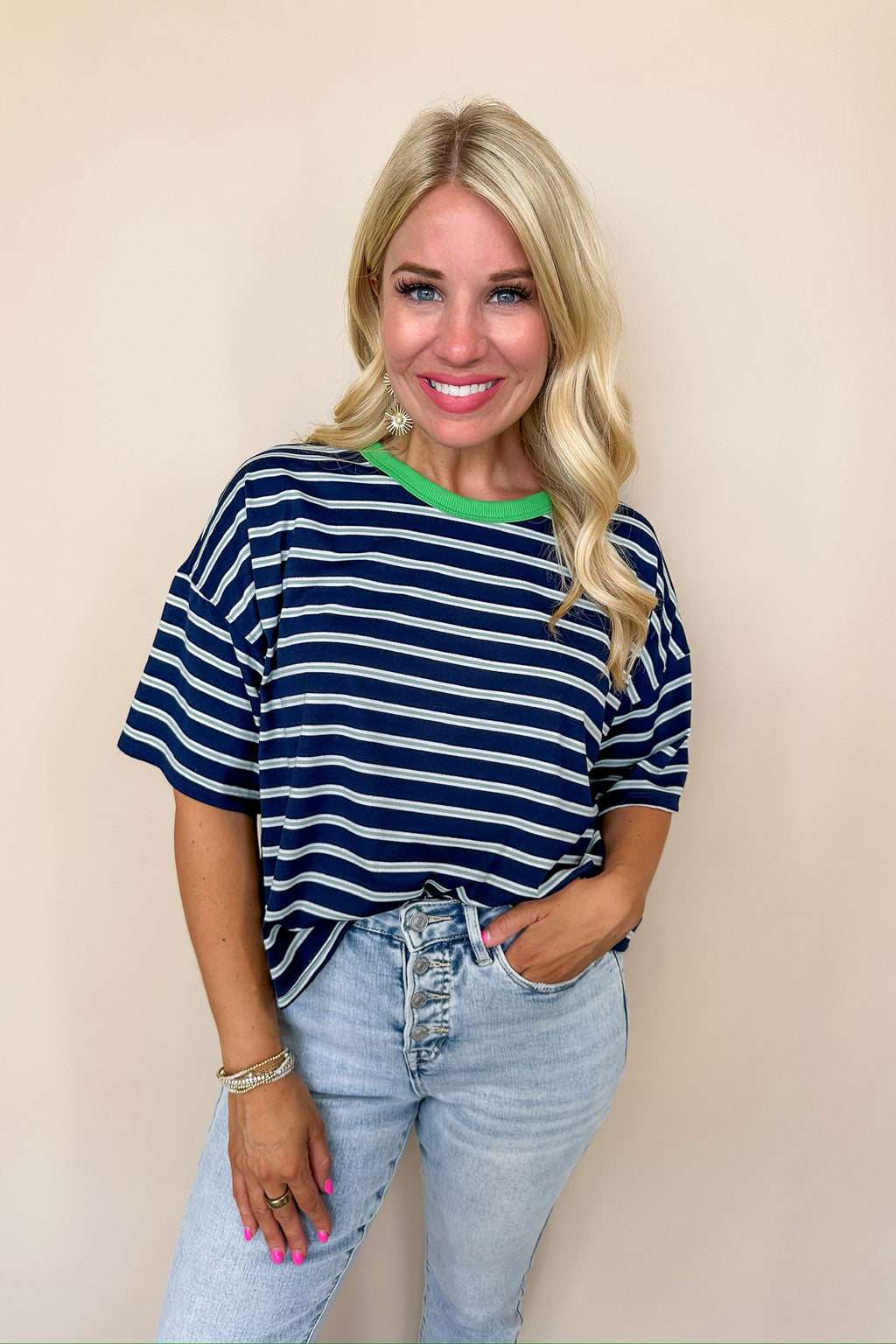Navy Blue & Green Striped Boxy Tee – Jules & James Boutique