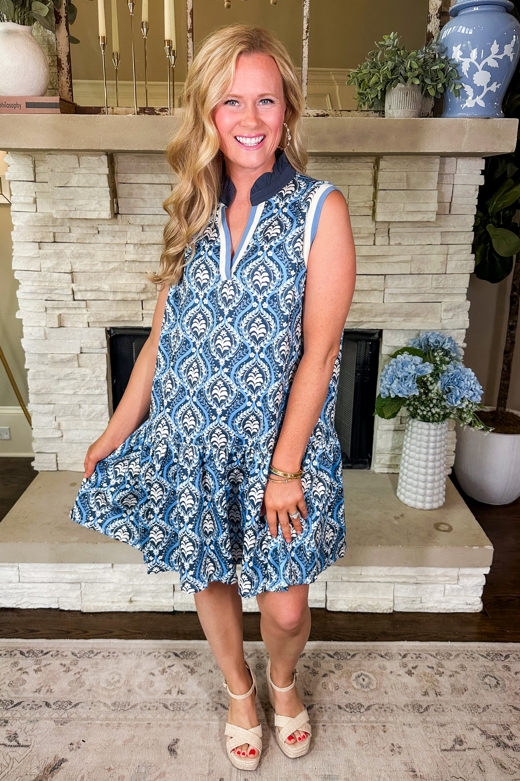 Navy Ruffle Neck Ogee Print Dress – Jules & James Boutique