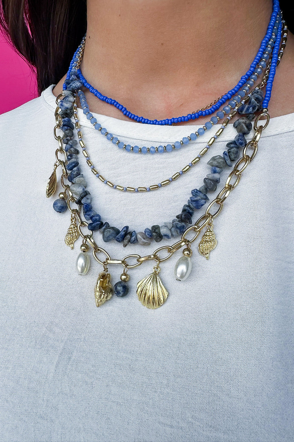 Multi Layered Blue & Gold Mix Beaded Seashell Charm Necklace – Jules ...