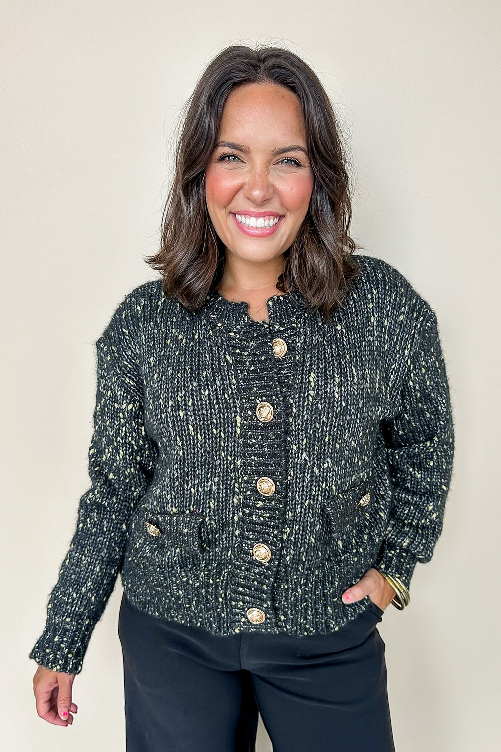 Chunky Shank Button Gold Mixed Knit Sweater Cardigan in Black – Jules ...
