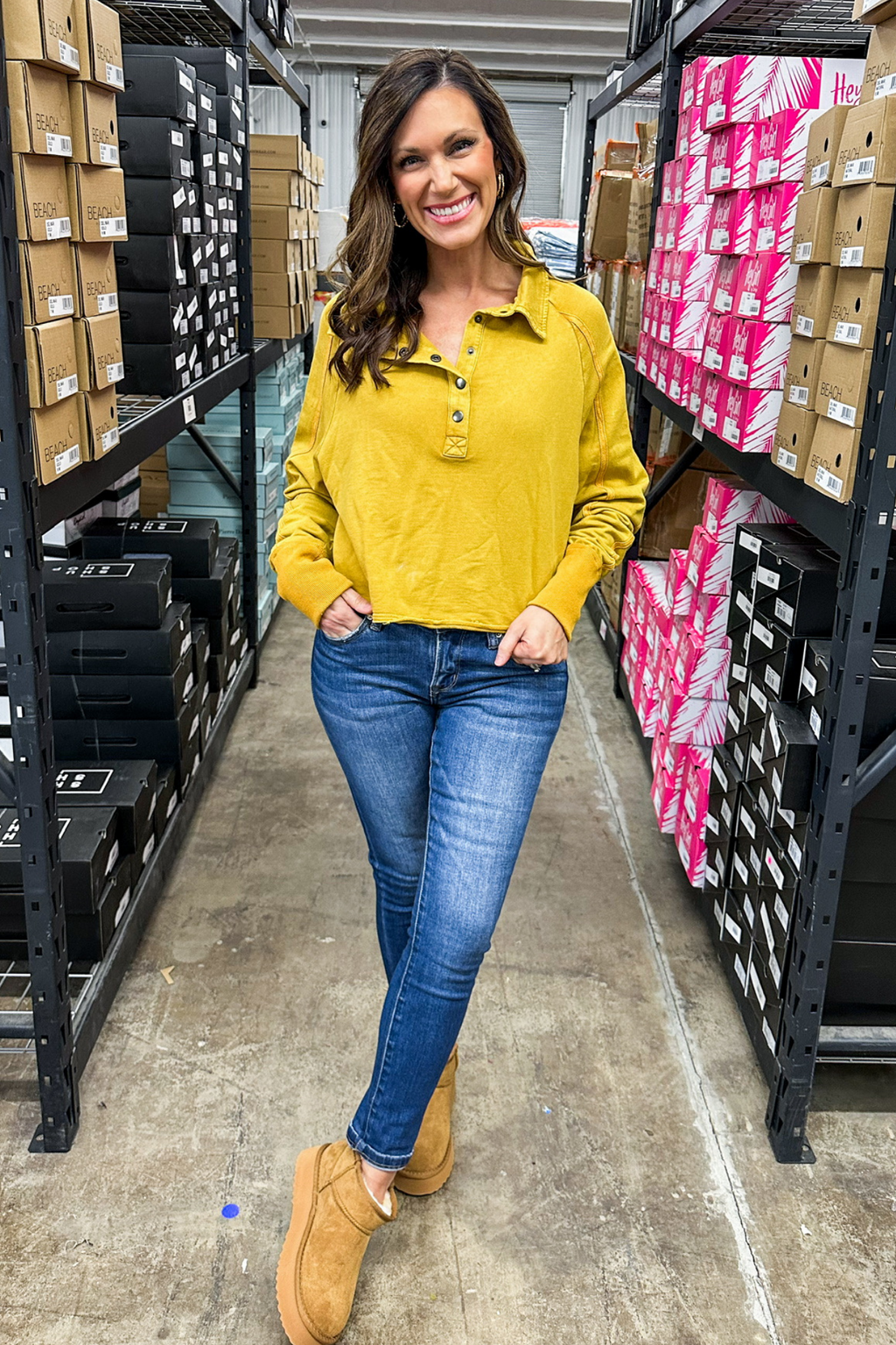 Cropped Acid Wash Button Up Top in Mustard – Jules & James Boutique